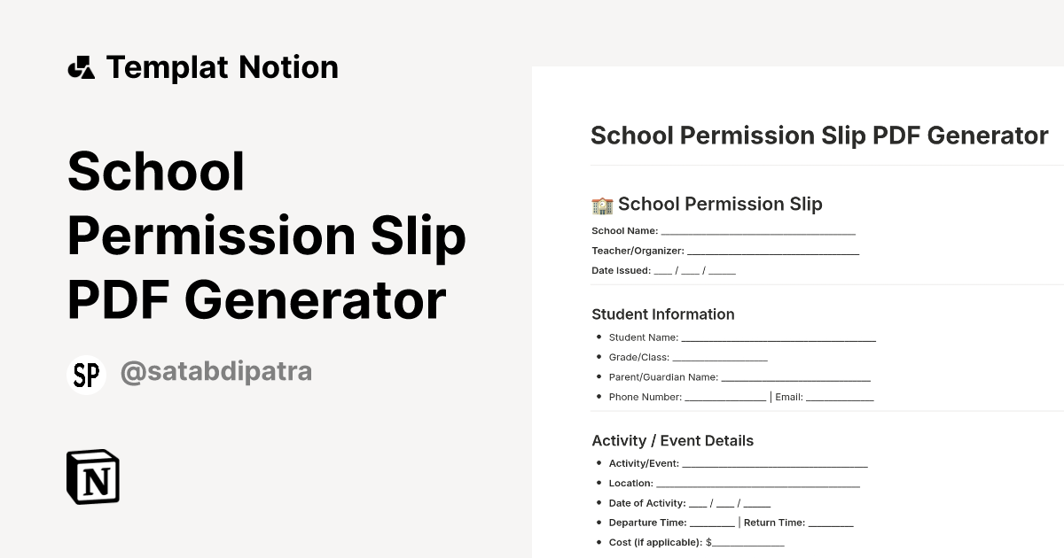 Templat School Permission Slip PDF Generator | Notion Marketplace