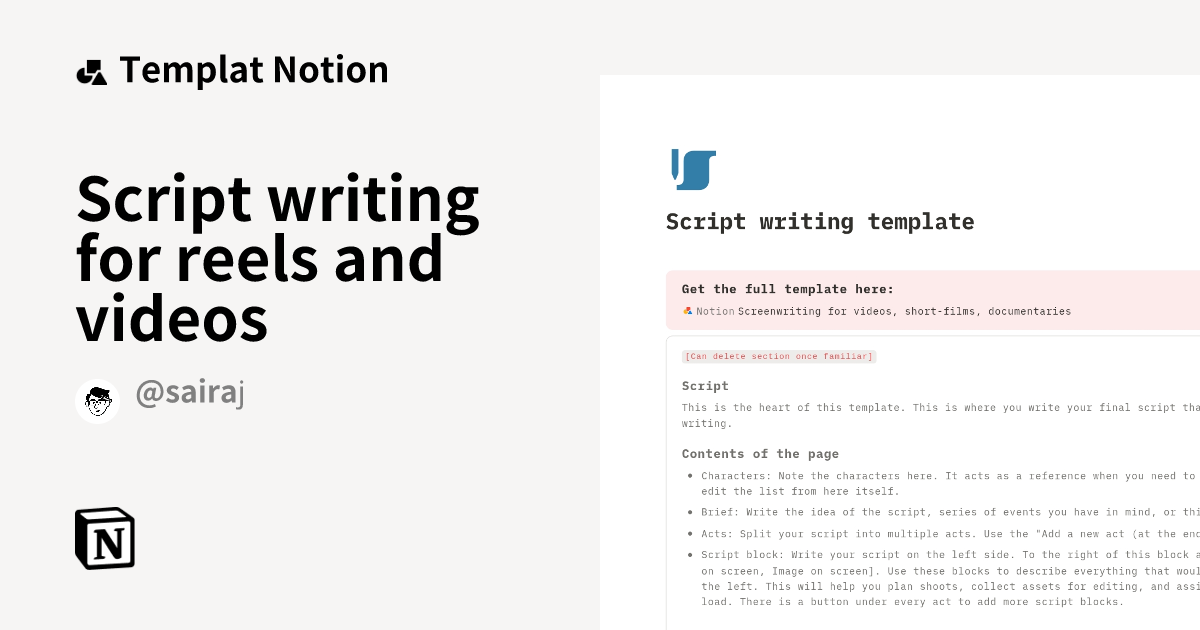 Templat Script writing for reels and videos | Notion Marketplace