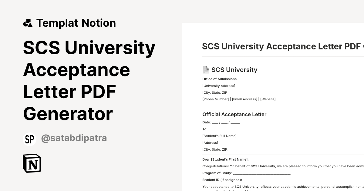 Templat SCS University Acceptance Letter PDF Generator | Notion Marketplace