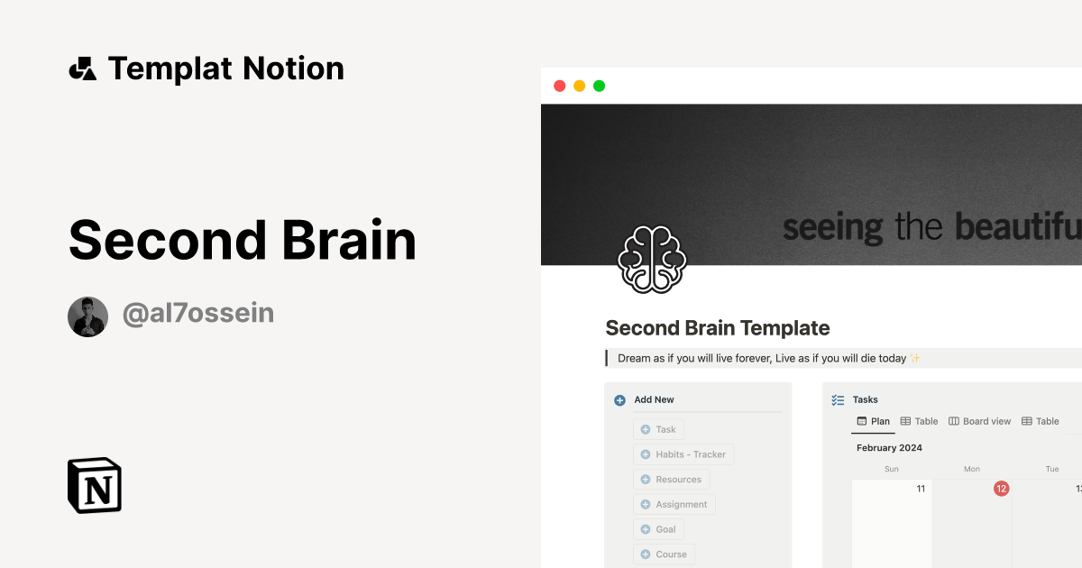 Second Brain Templat oleh Al-Hossein | Notion Marketplace