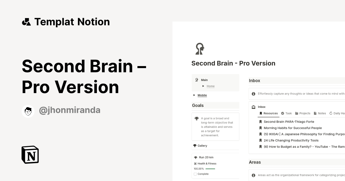 Second Brain – Pro Version Templat oleh Jhon Miranda | Notion Marketplace