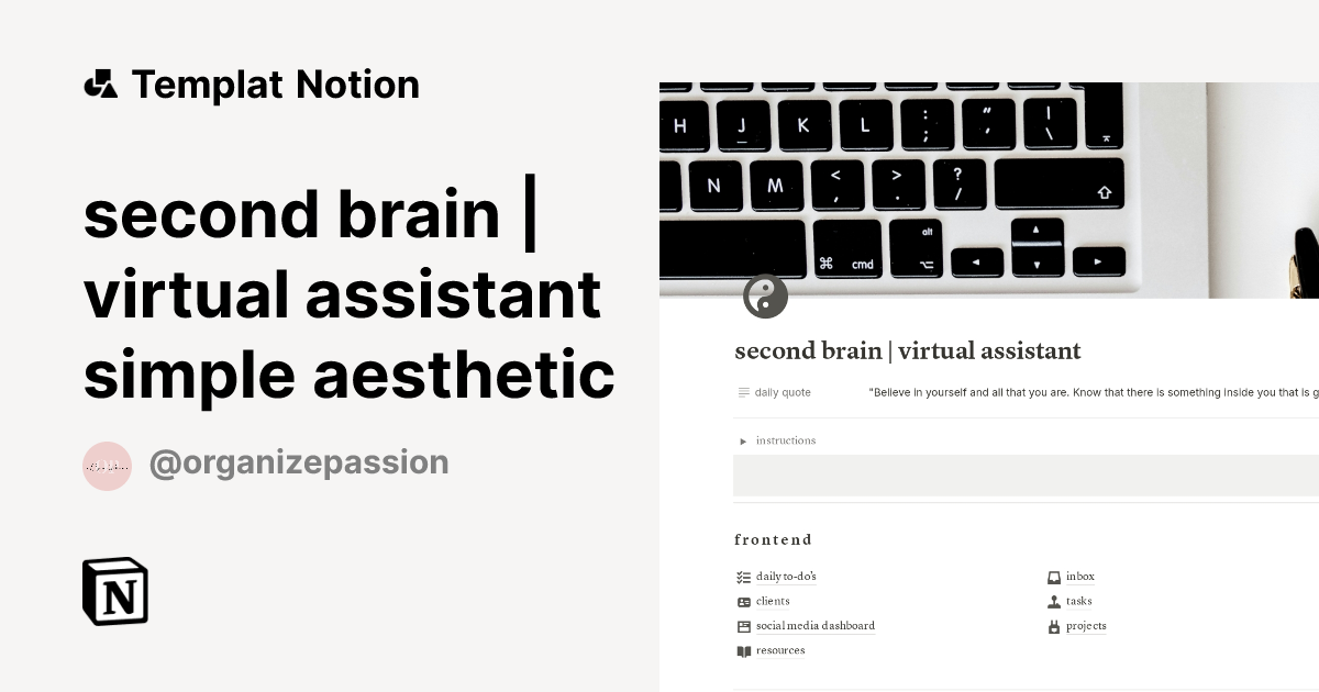 Templat second brain | virtual assistant simple aesthetic | Notion ...