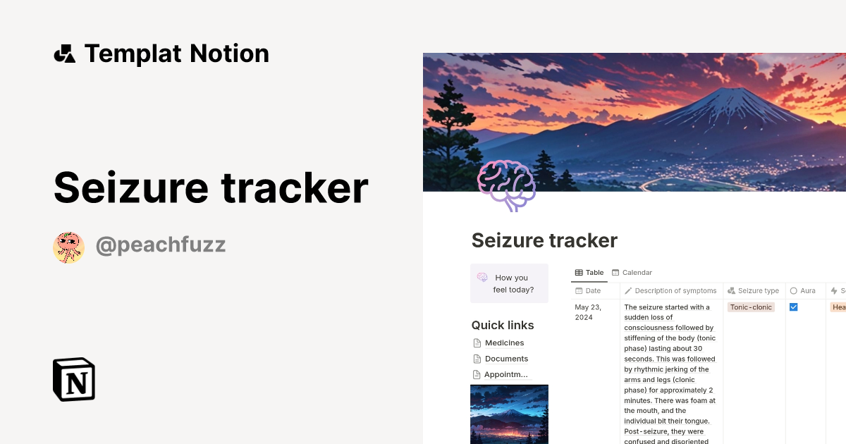 Seizure tracker Templat oleh Peach Fuzz | Notion Marketplace