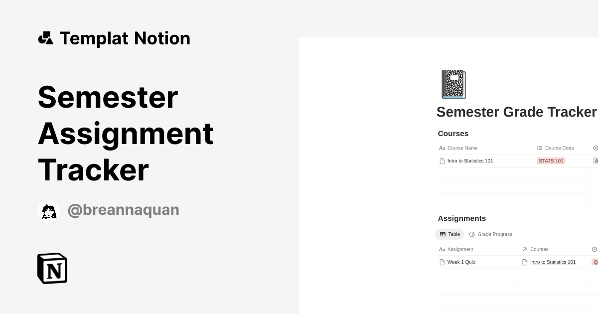 Semester Assignment Tracker Templat oleh Breanna Quan | Notion Marketplace