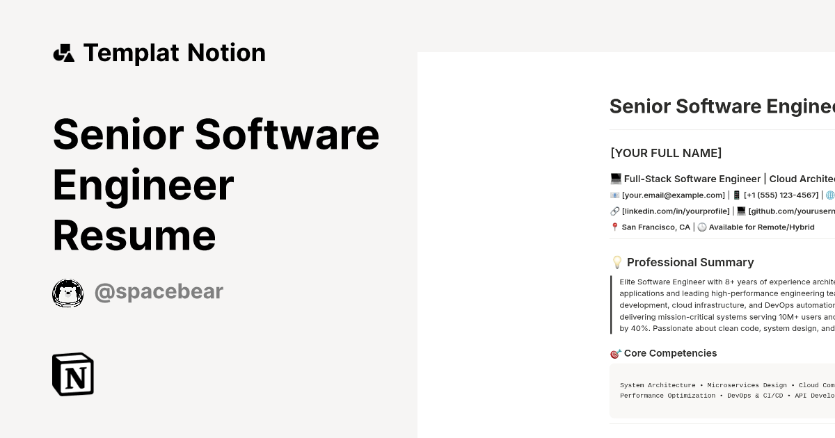 Senior Software Engineer Resume Templat oleh space bear | Notion ...