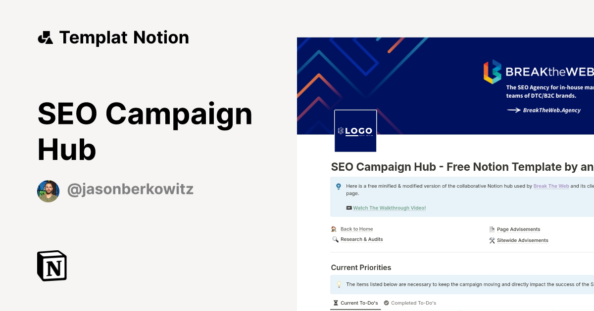 SEO Campaign Hub Templat oleh Jason Berkowitz | Notion Marketplace