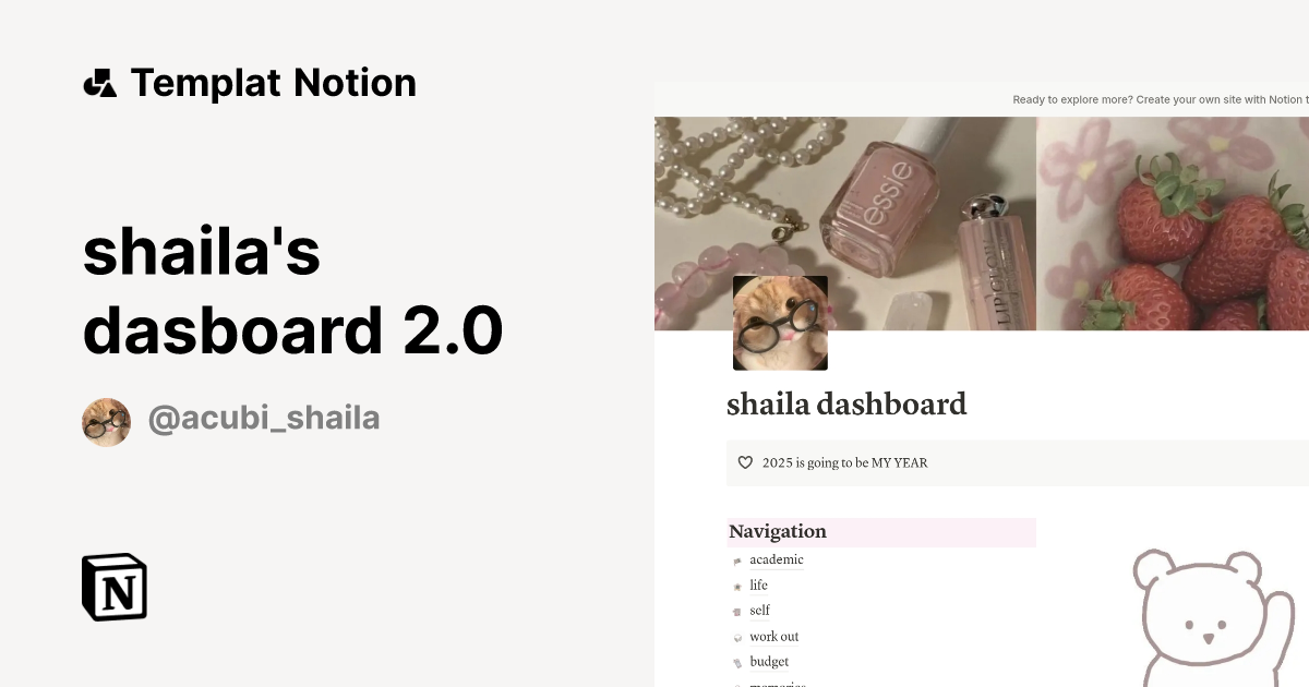 shaila's dasboard 2.0 Templat oleh @sweet.shaila | Notion Marketplace