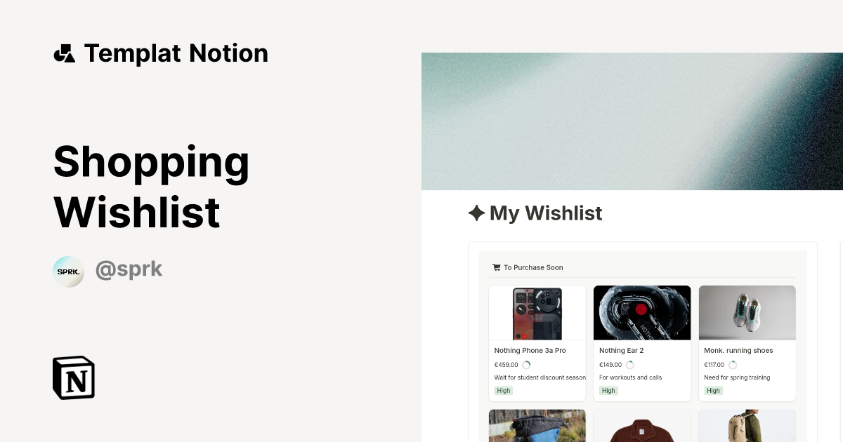 Shopping Wishlist Templat oleh SPRK | Notion Marketplace