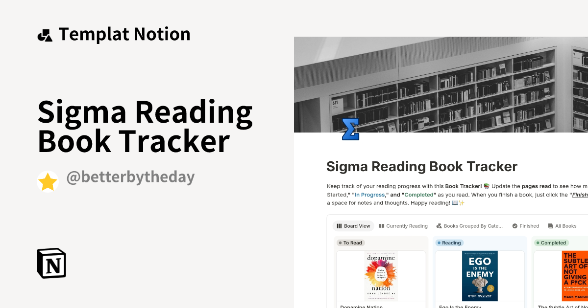 Sigma Reading Book Tracker Templat oleh Better By The Day | Notion ...