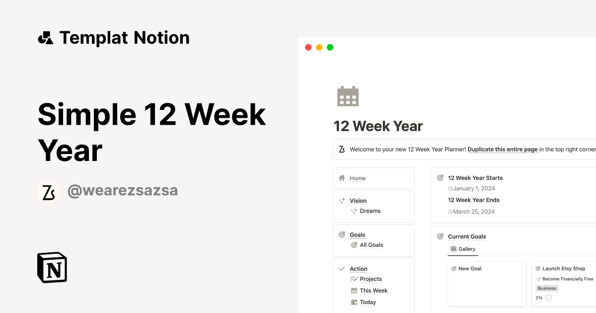 Simple 12 Week Year Templat oleh ZsaZsa | Notion Marketplace