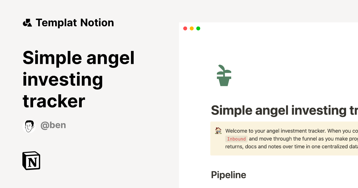 Simple angel investing tracker Templat oleh Ben Lang | Notion Marketplace