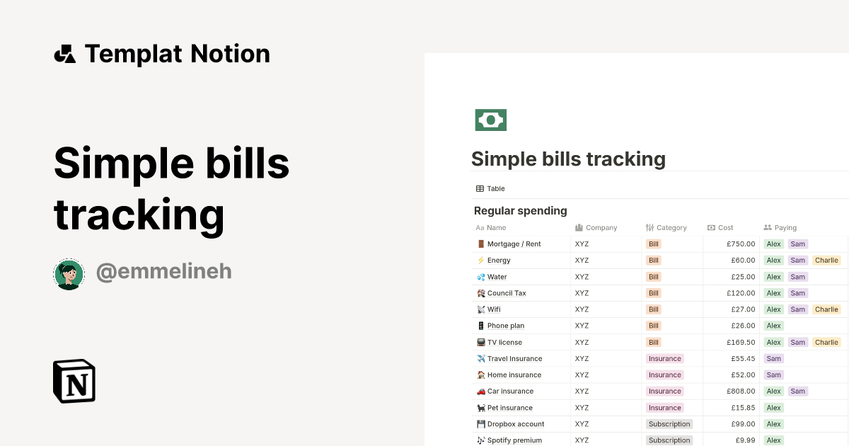 Templat Simple bills tracking | Notion Marketplace