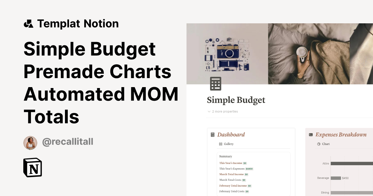Simple Budget Premade Charts Automated MOM Totals Templat oleh Recall It All | Notion Marketplace