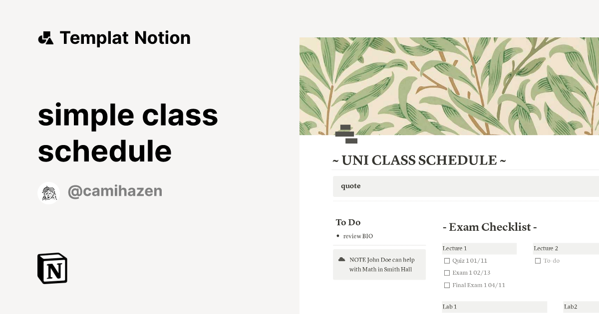 simple class schedule Templat oleh ch | Notion Marketplace