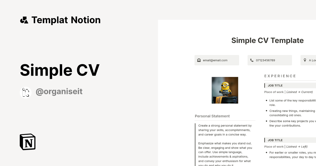 Simple CV Templat oleh Organise It | Notion Marketplace