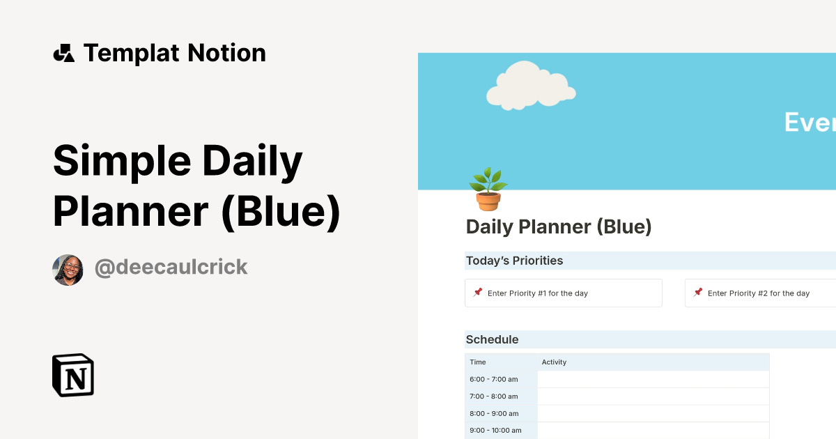 Simple Daily Planner (Blue) Templat oleh Dee Caulcrick | Notion Marketplace