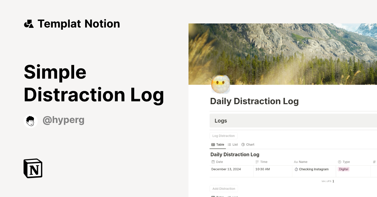 Templat Simple Distraction Log | Notion Marketplace