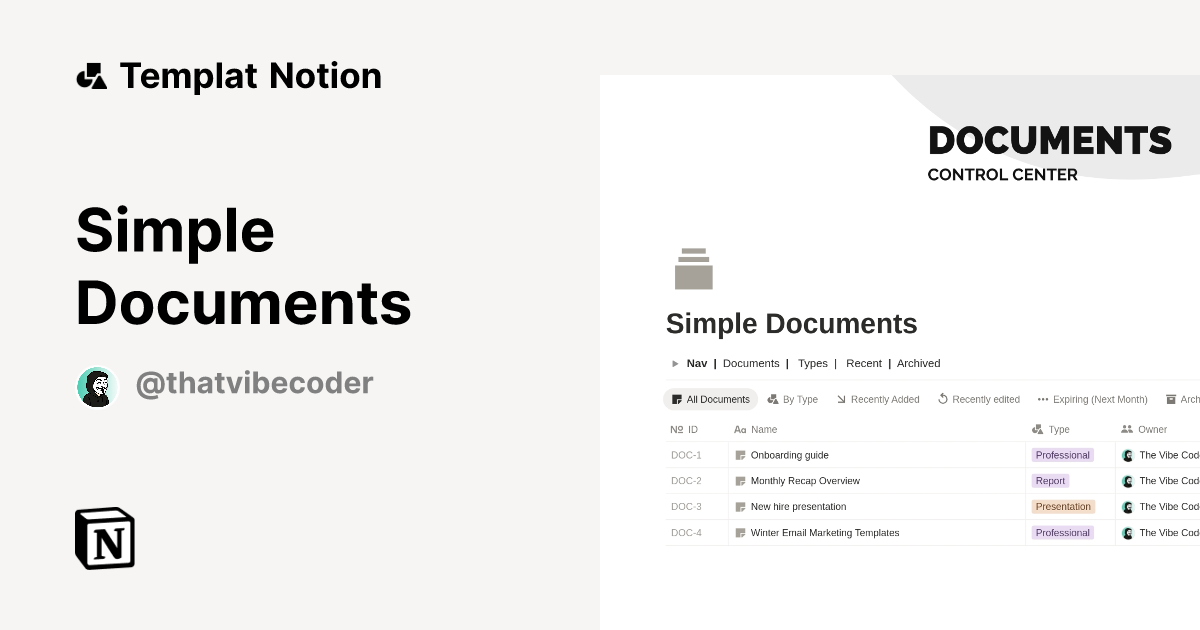 Simple Documents Templat oleh That Vibe Coder | Notion Marketplace