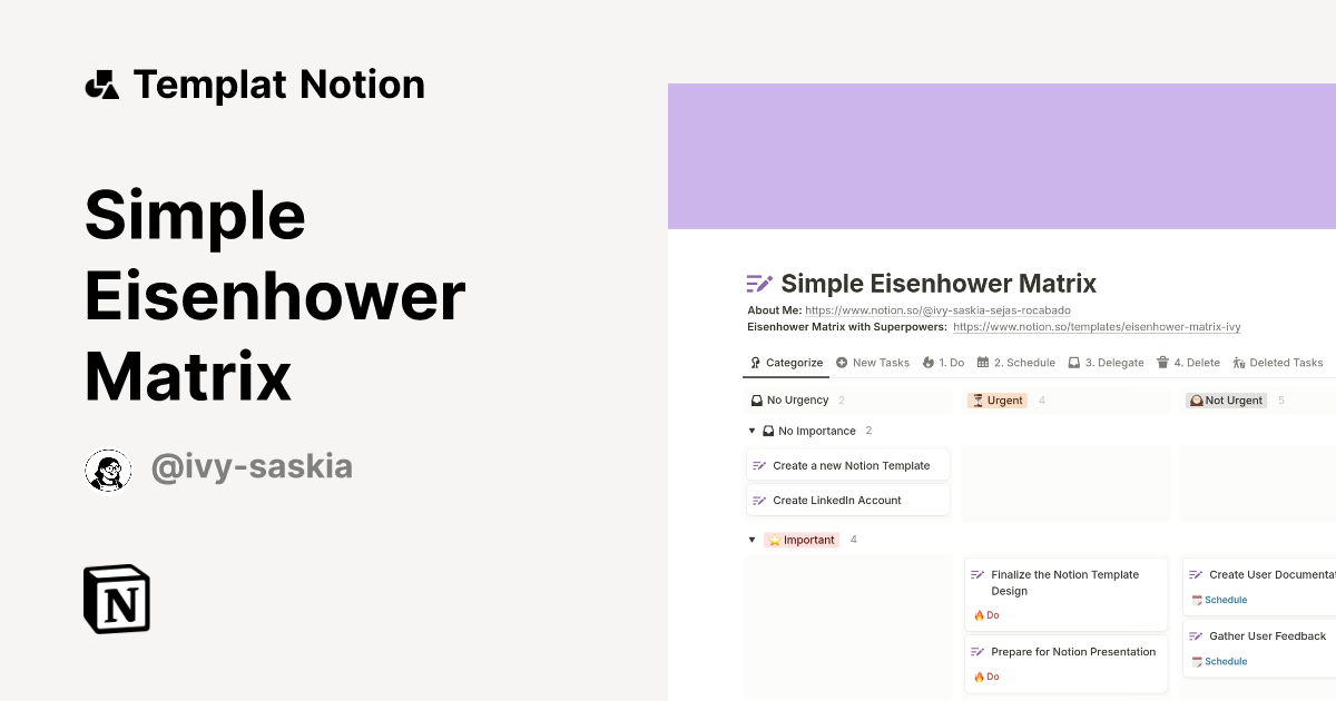 Simple Eisenhower Matrix Templat oleh Ivy Saskia | Notion Marketplace