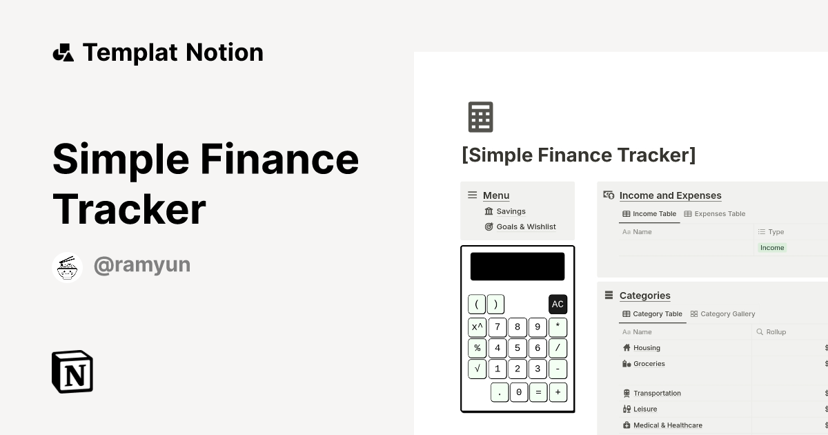 Simple Finance Tracker Templat oleh Ramyun | Notion Marketplace