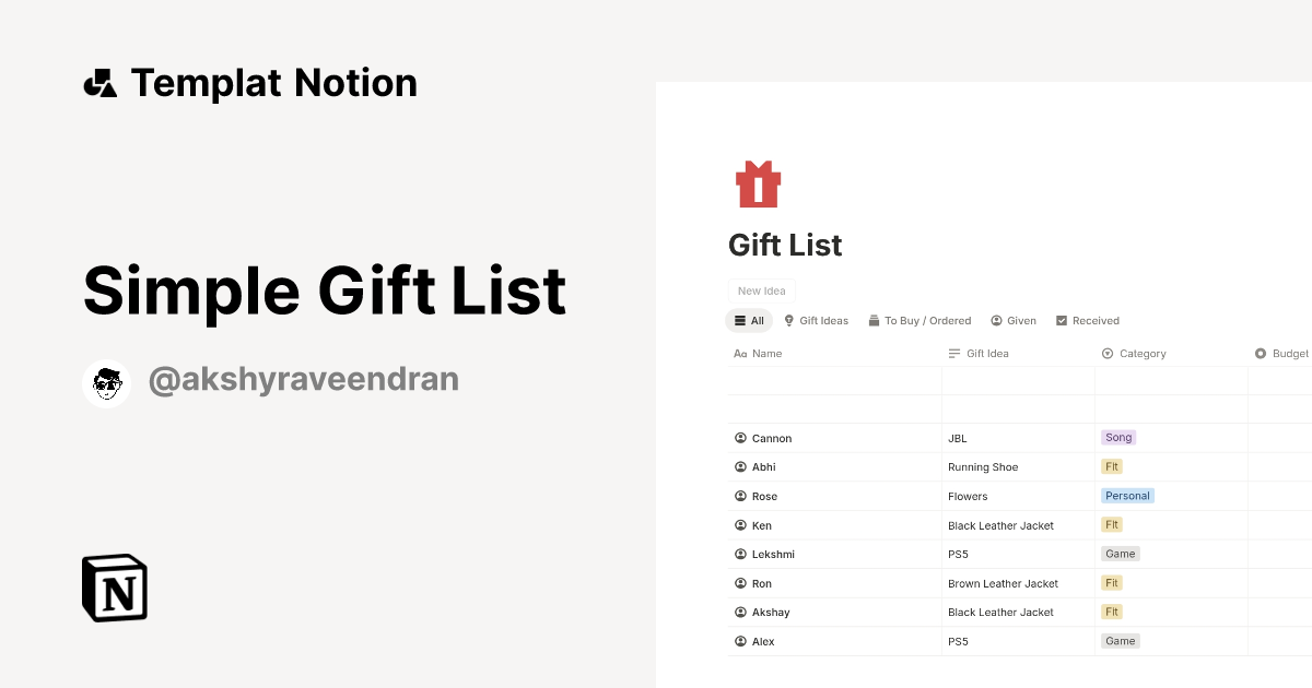 Templat Simple Gift List | Notion Marketplace