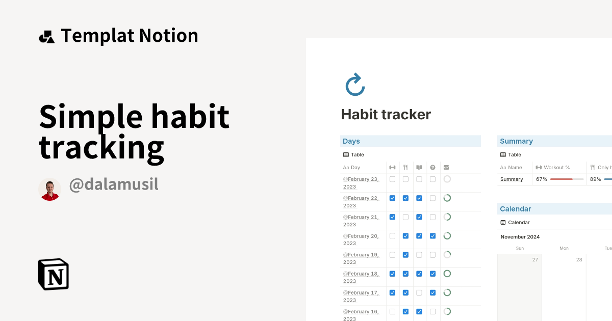 Simple habit tracking Templat oleh Dála Musil | Notion Marketplace