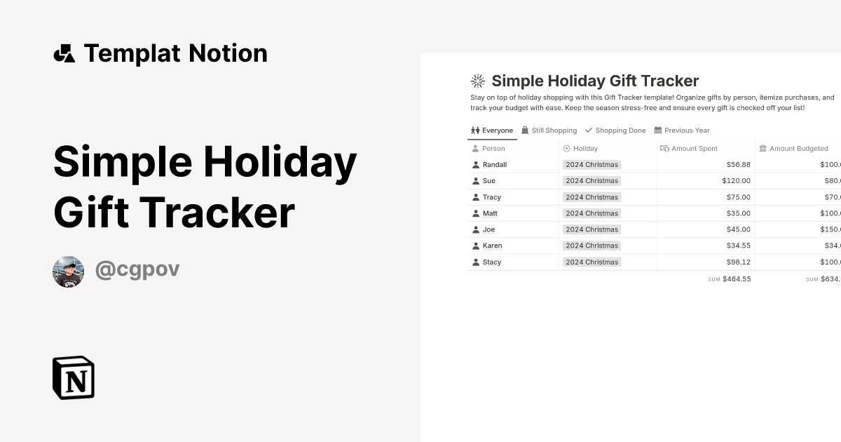 Simple Holiday Gift Tracker Templat oleh Chad Ashley | Notion Marketplace