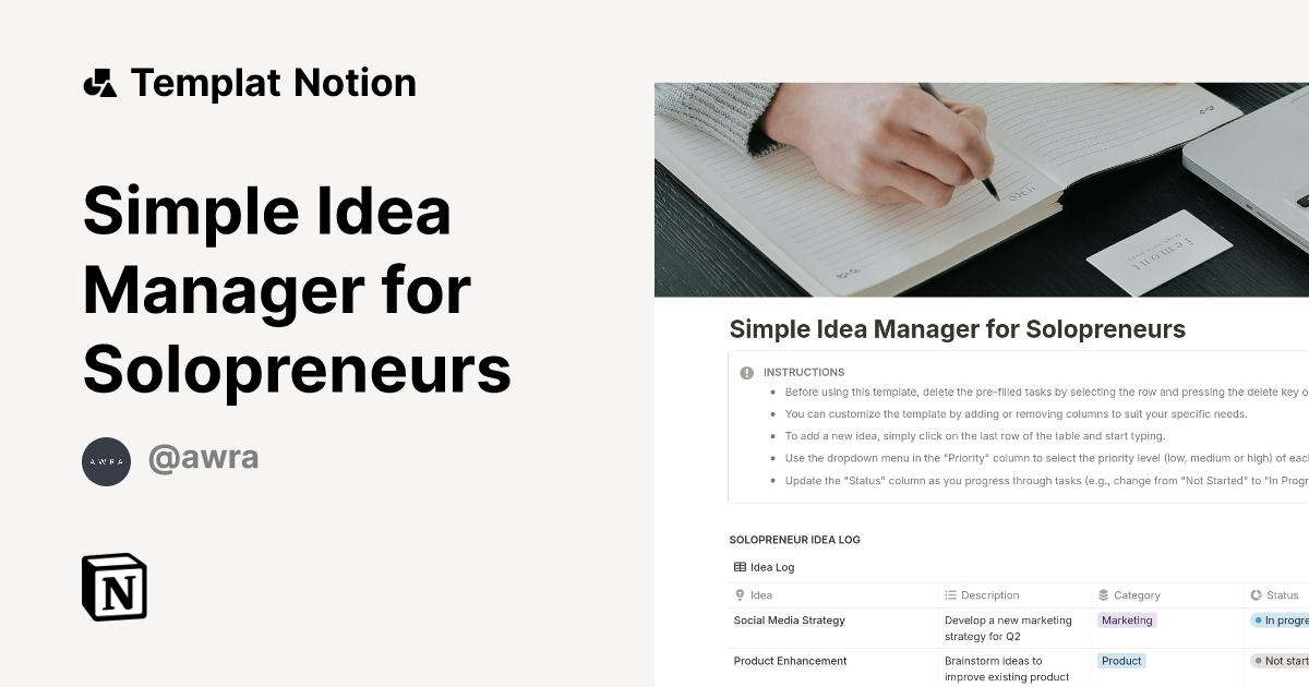 Templat Simple Idea Manager for Solopreneurs | Notion Marketplace
