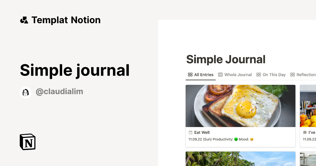 Simple journal Templat oleh Claudia Lim | Notion Marketplace