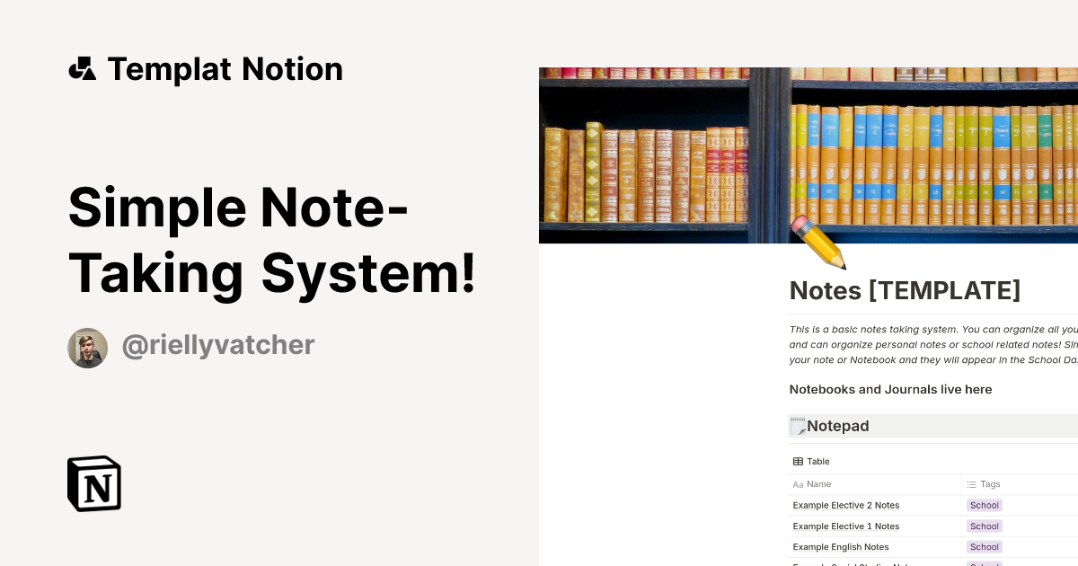 Simple Note-Taking System! Templat oleh Rielly Vatcher | Notion Marketplace