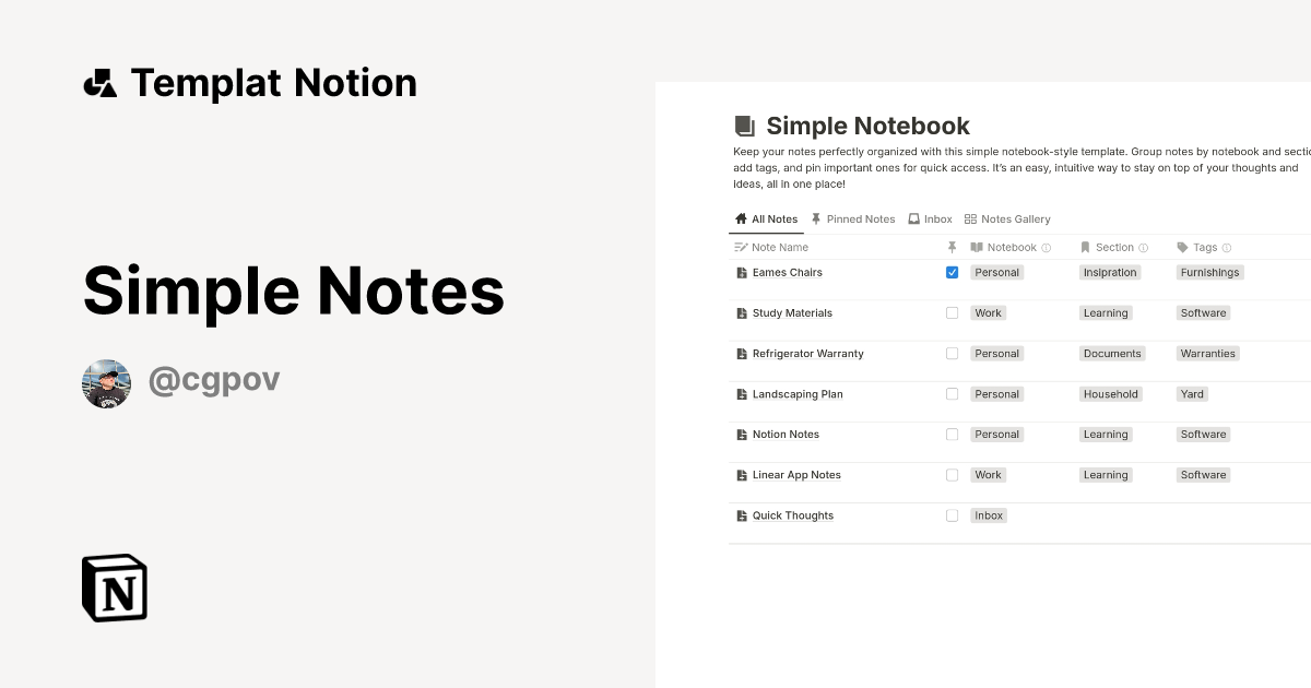 Templat Simple Notes | Notion Marketplace