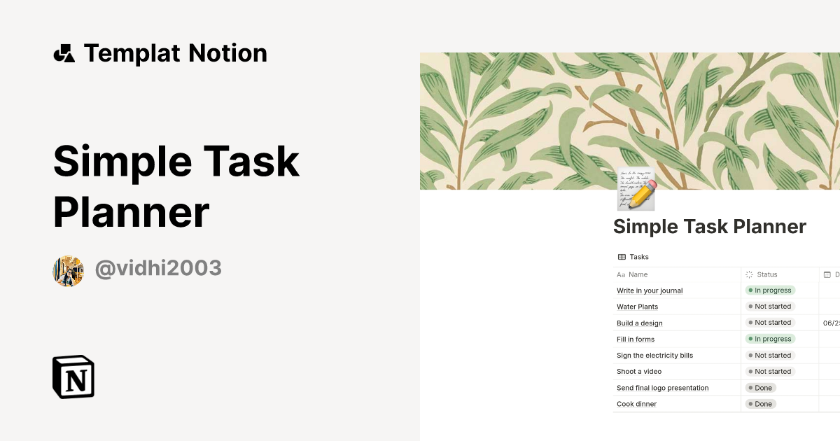 Simple Task Planner Templat oleh Vidhi | Notion Marketplace