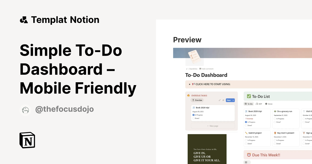 Templat Simple To-Do Dashboard – Mobile Friendly | Notion Marketplace