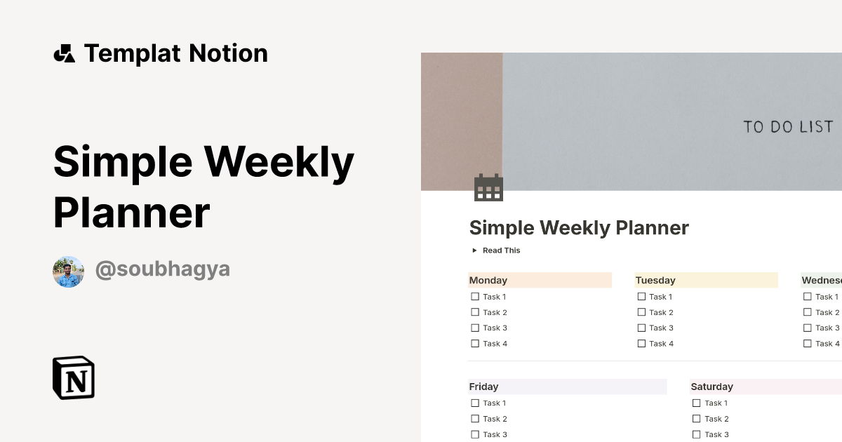 Simple Weekly Planner Templat oleh Soubhagya Sahu | Notion Marketplace