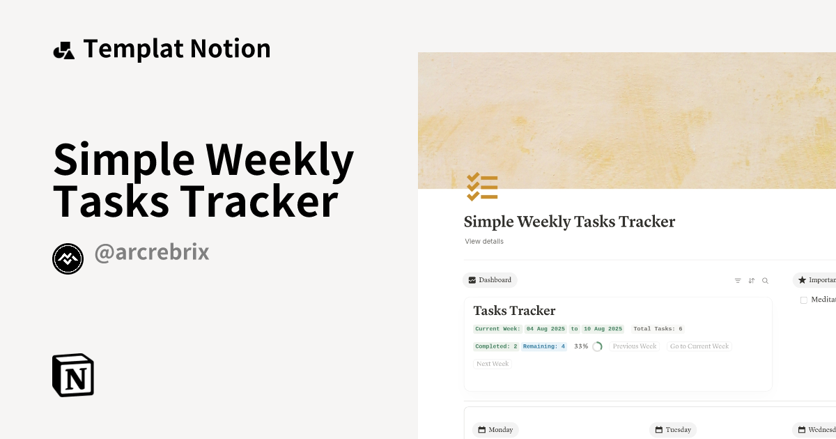 Templat Simple Weekly Tasks Tracker | Notion Marketplace
