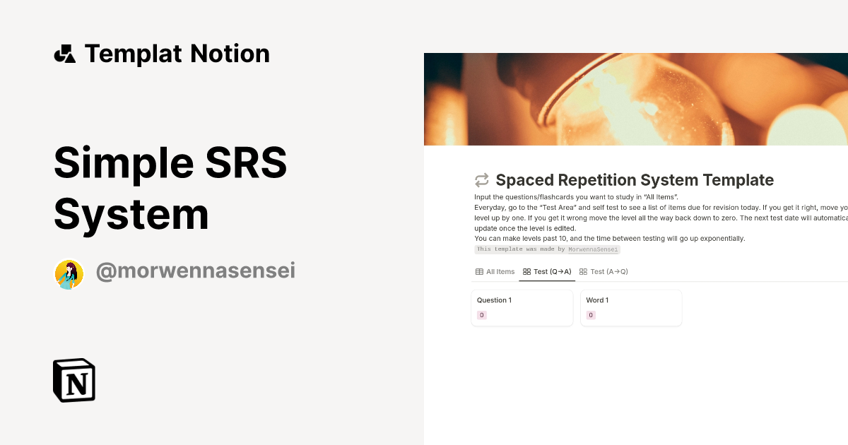 Simple SRS System Templat oleh Morwenna Sensei | Notion Marketplace