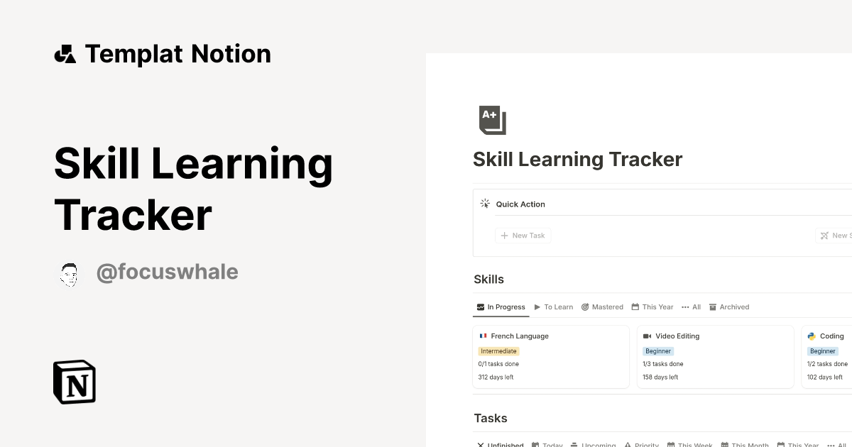 Skill Learning Tracker Templat oleh FocusWhale | Notion Marketplace