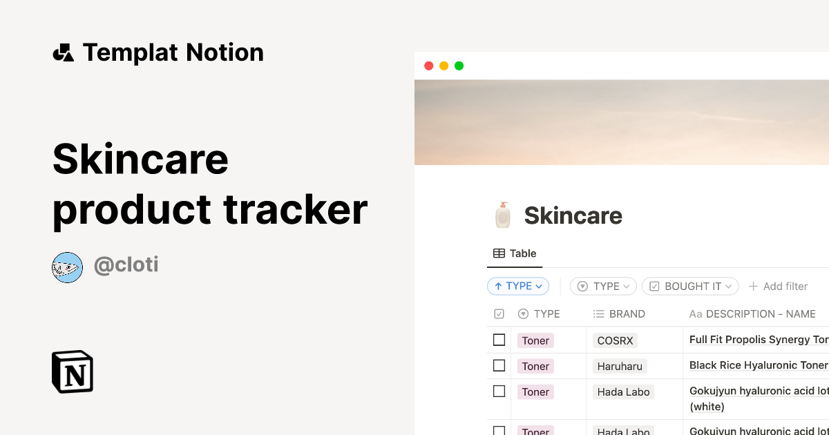 Skincare product tracker Templat oleh Cloti | Notion Marketplace