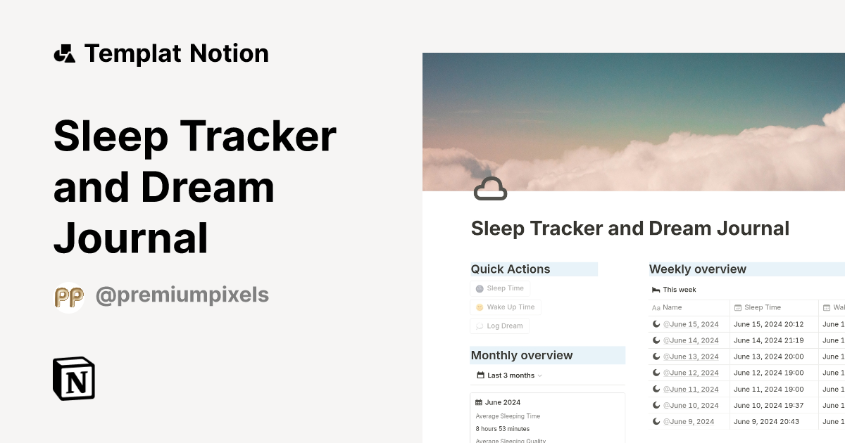 Sleep Tracker and Dream Journal Templat oleh Premium Pixels | Notion Marketplace