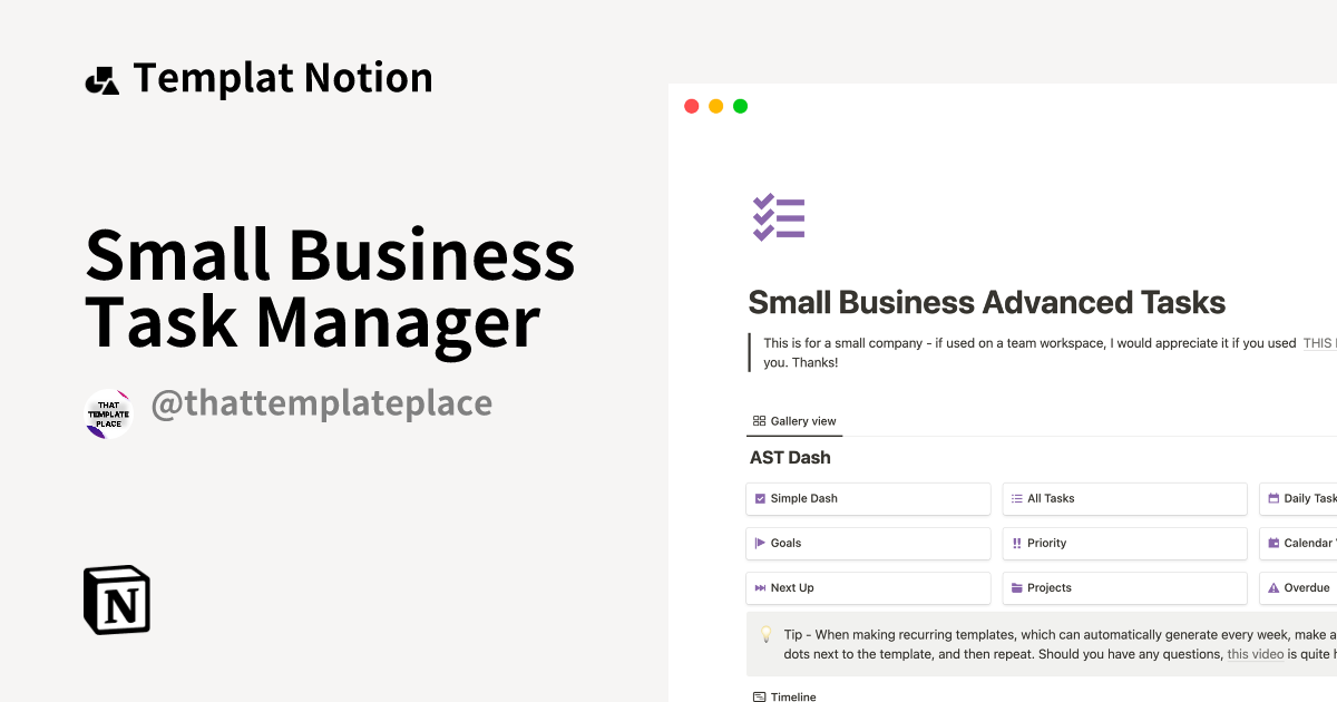 Small Business Task Manager Templat oleh ThatTemplatePlace | Notion ...