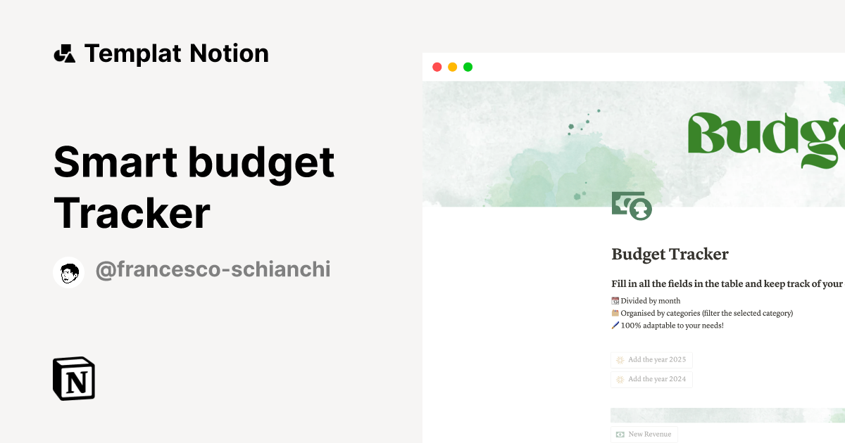 Smart budget Tracker Templat oleh Francesco Schianchi | Notion Marketplace