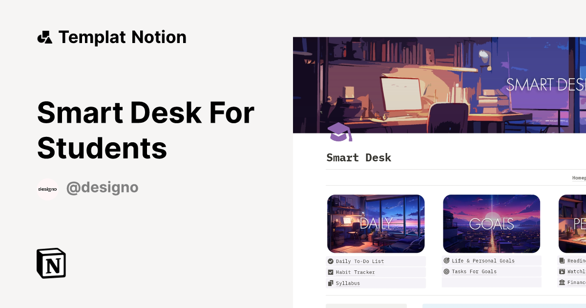 Smart Desk For Students Templat oleh Designo | Notion Marketplace