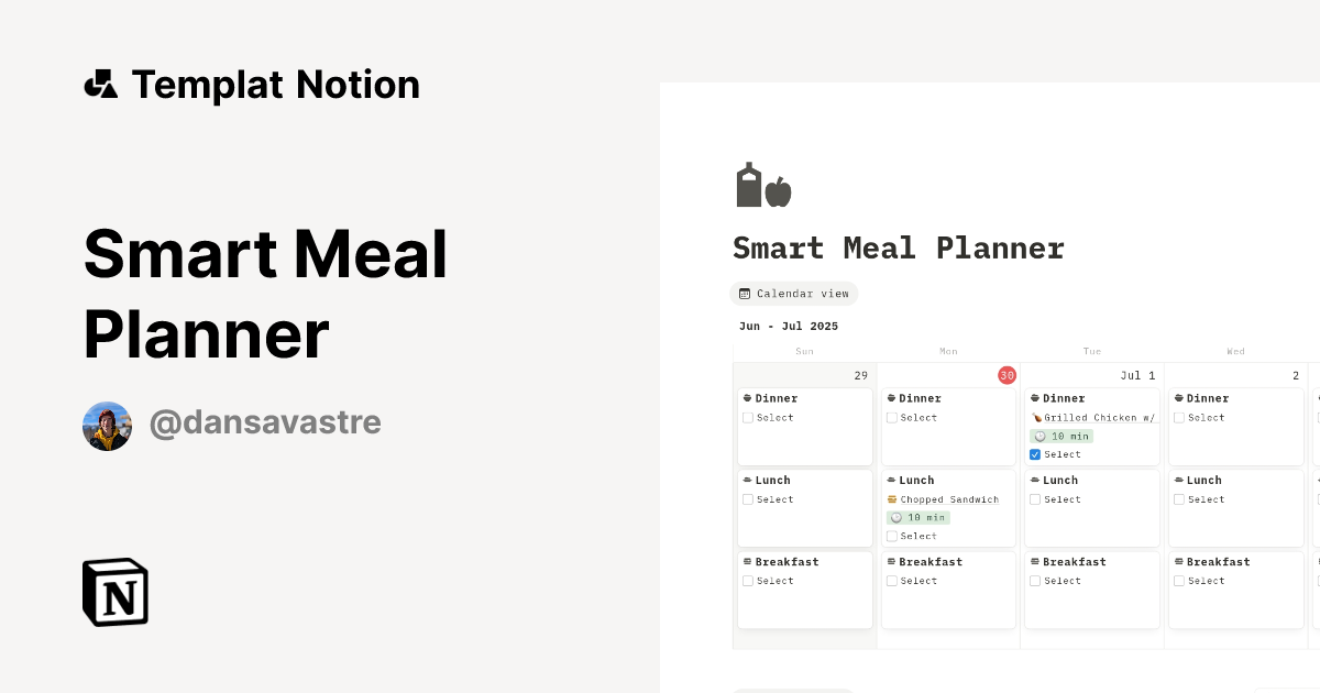 Smart Meal Planner Templat oleh Dan Savastre | Notion Marketplace