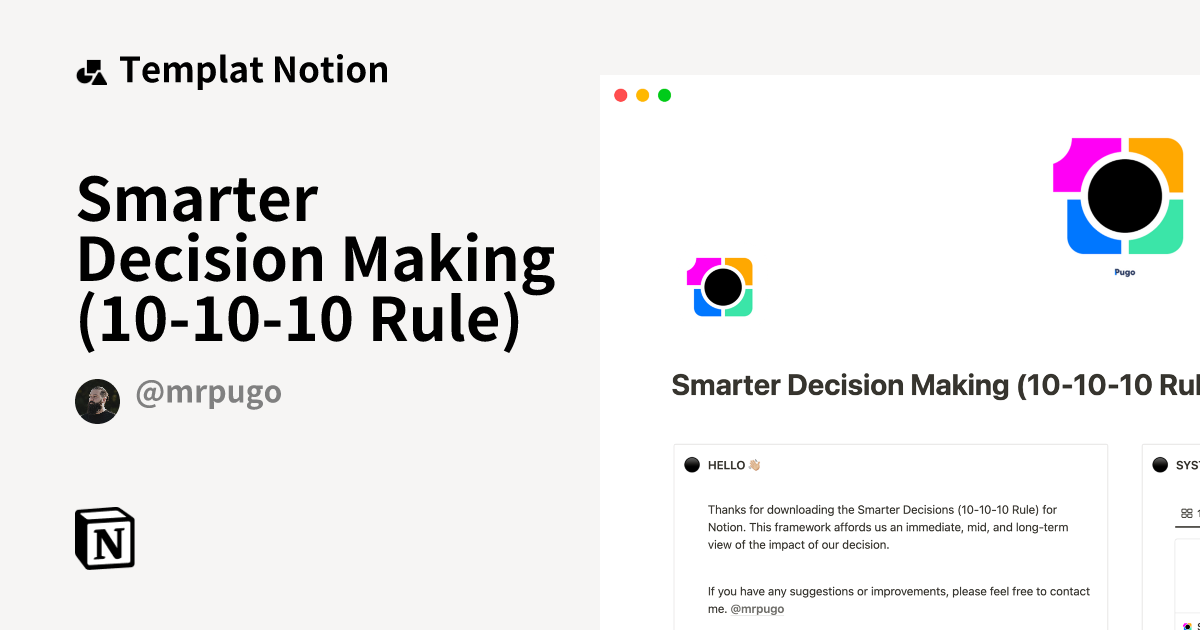 Smarter Decision Making (10-10-10 Rule) Templat oleh mrpugo | Notion Marketplace