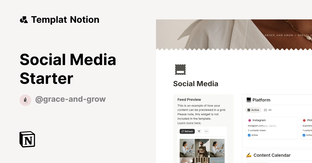 Social Media Starter Templat oleh Grace and Grow | Notion Marketplace