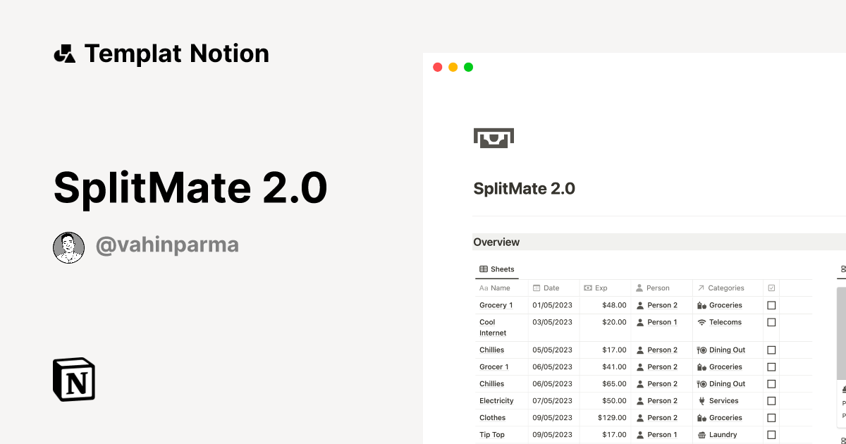 SplitMate 2.0 Templat oleh Vahin Parma | Notion Marketplace
