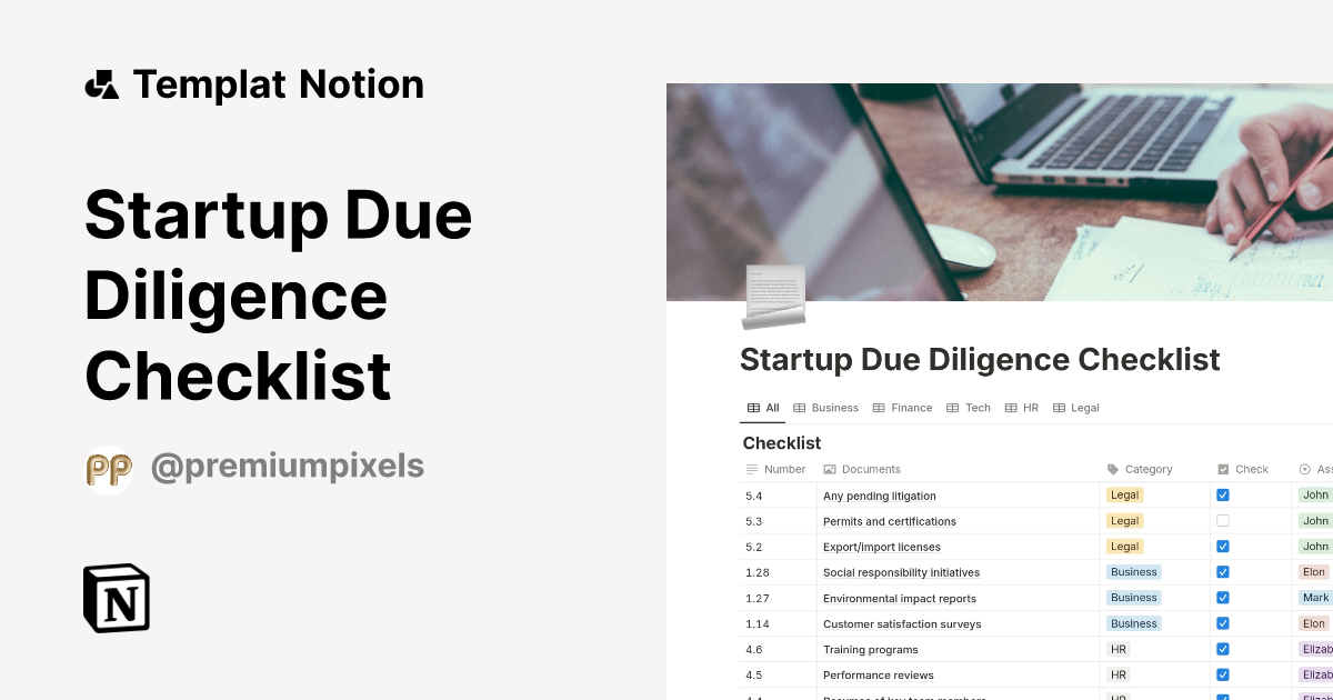 Templat Startup Due Diligence Checklist | Notion Marketplace