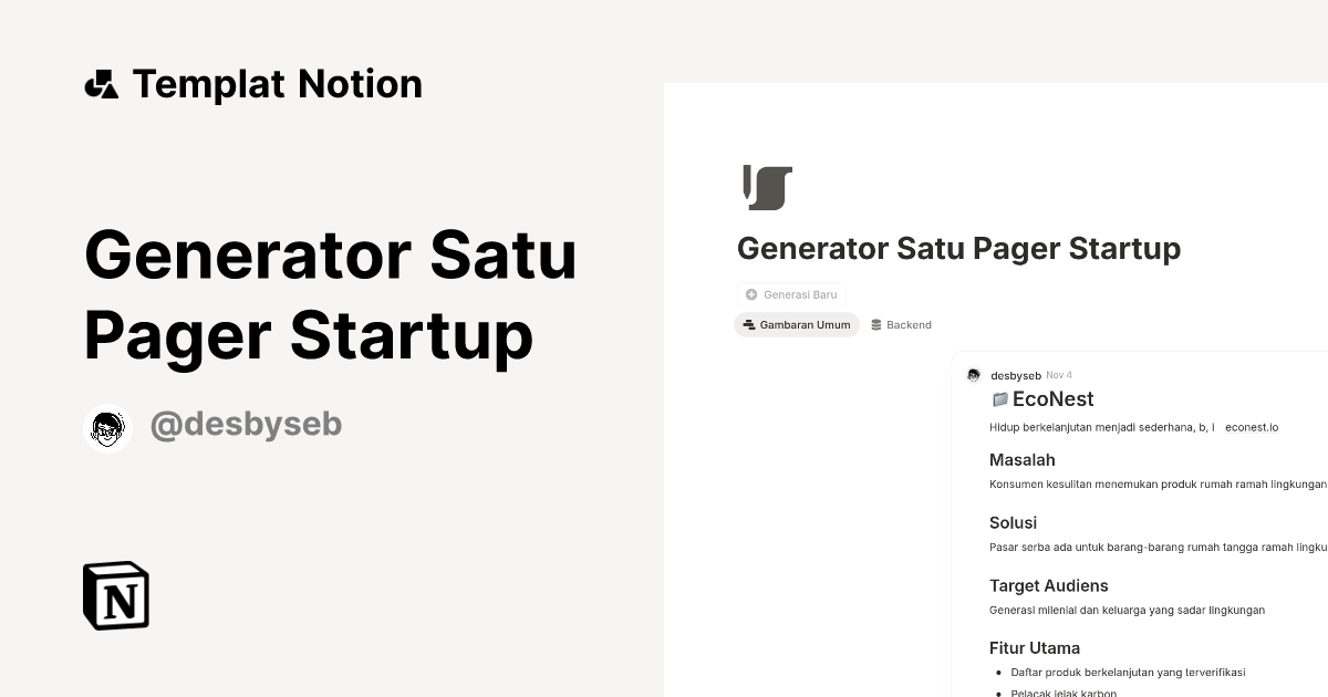 Templat Generator Satu Pager Startup | Notion Marketplace