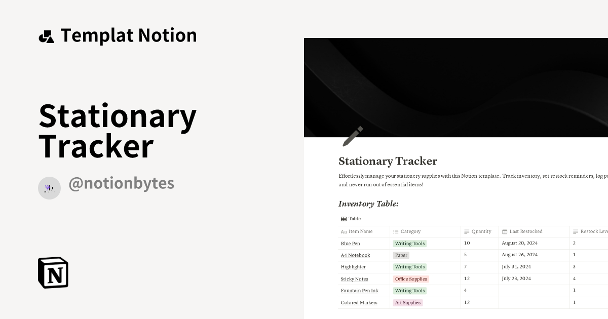 Stationary Tracker Templat oleh Notion Bytes | Notion Marketplace
