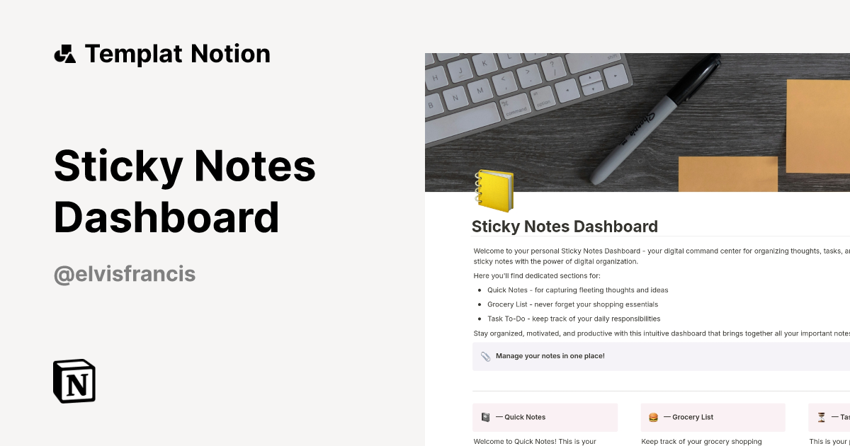 Sticky Notes Dashboard Templat oleh Elvis Francis | Notion Marketplace